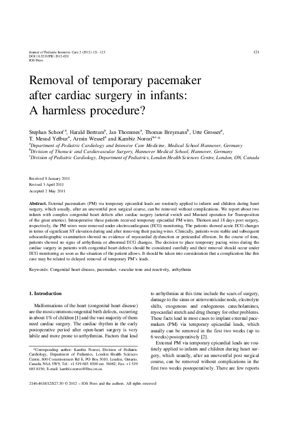(PDF) Removal of temporary pacemaker after cardiac surgery in infants ...