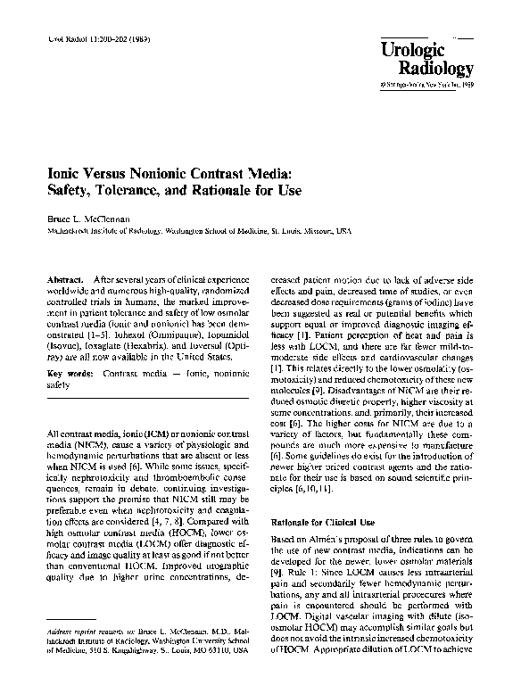 (PDF) Ionic versus nonionic contrast media: safety, tolerance, and rationale for use