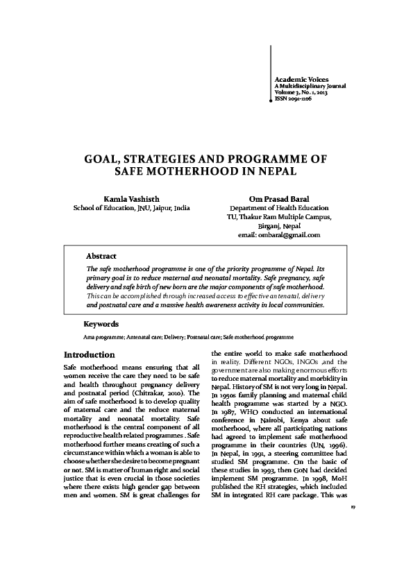 (PDF) Goal, Strategies and Programme of Safe Motherhood in Nepal