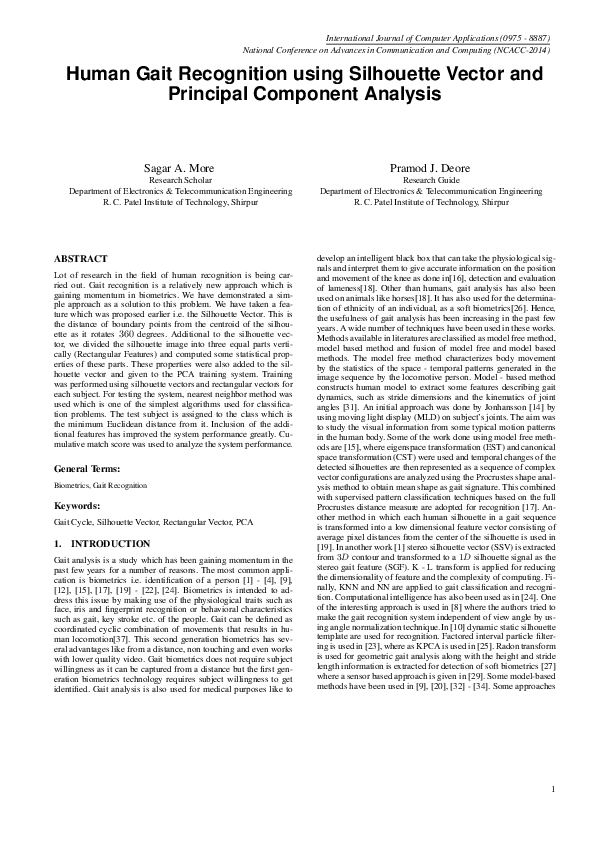 Pdf Human Gait Recognition Using Silhouette Vector And Principal Component Analysis Sagar
