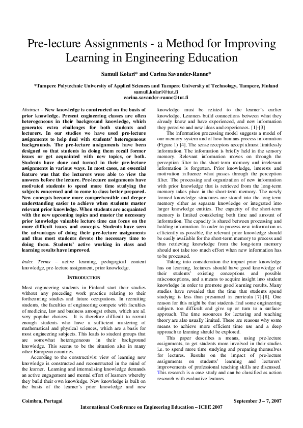 (PDF) Pre-lecture Assignments - a Method for Improving Learning in Engineering Education