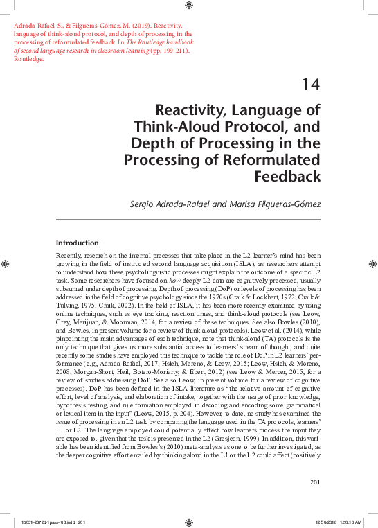 (PDF) Reactivity, Language of Think-Aloud Protocol, and Depth of Processing in the Processing of ...