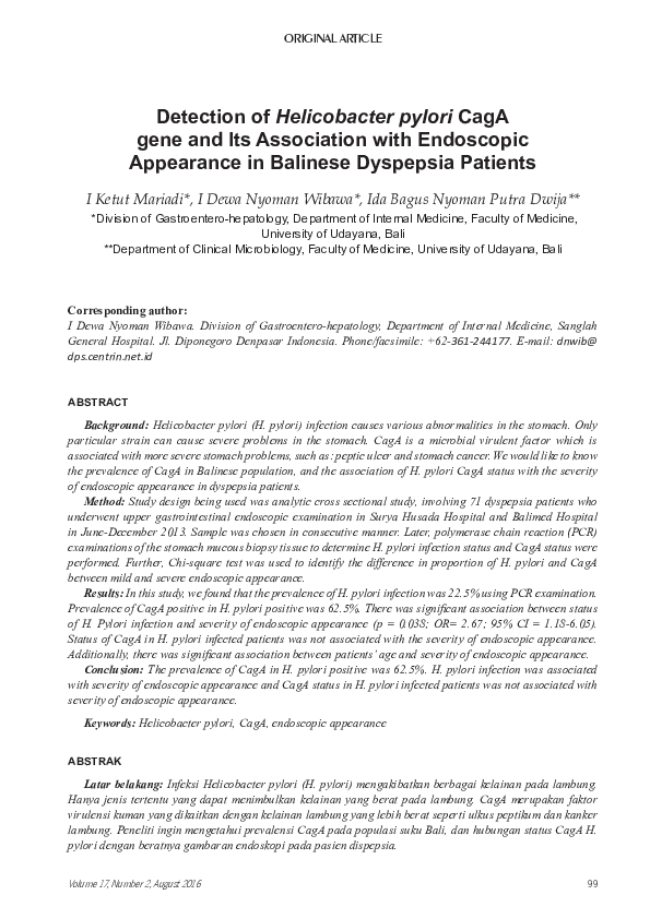 (PDF) Detection of Helicobacter pylori CagA gene and Its Association with Endoscopic Appearance ...