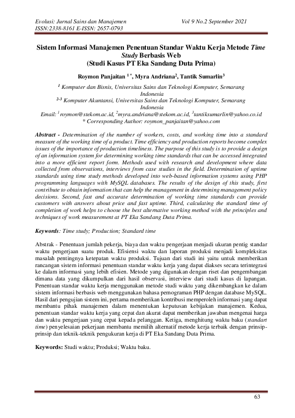 (PDF) Sistem Informasi Manajemen Penentuan Standar Waktu Kerja Metode ...