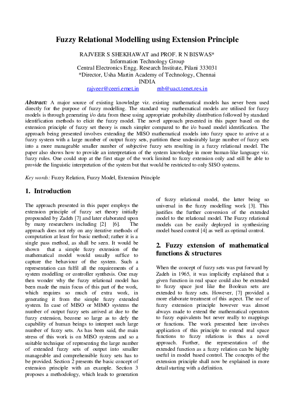 (PDF) Fuzzy Relational Modelling using Extension Principle