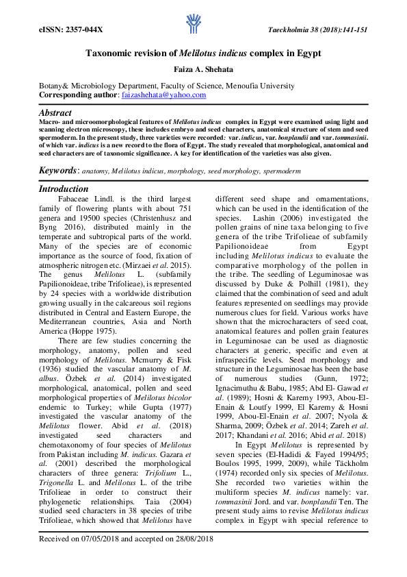 (PDF) Taxonomic revision of Melilotus indicus complex in Egypt