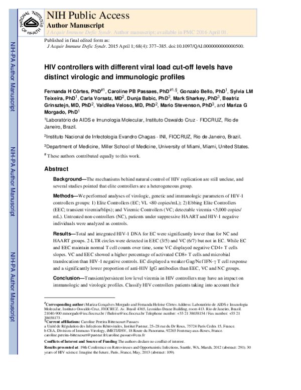 (PDF) HIV controllers with different viral load cut-off levels have ...