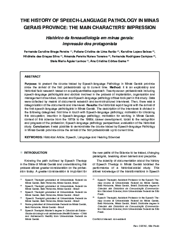 (PDF) The history of Speech-language Pathology in Minas Gerais state ...