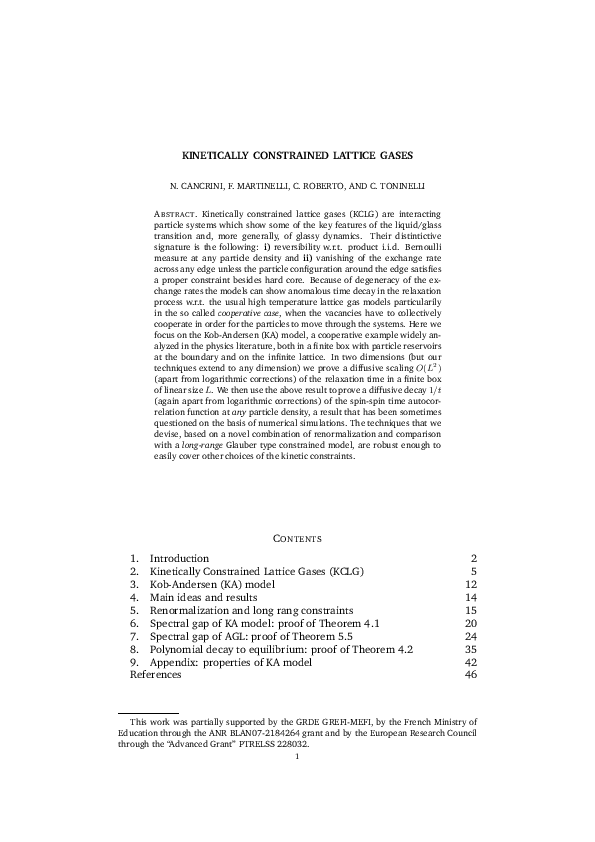 (PDF) Kinetically Constrained Lattice Gases