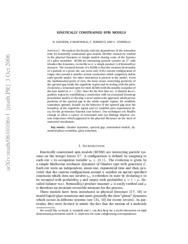 (PDF) Kinetically constrained spin models