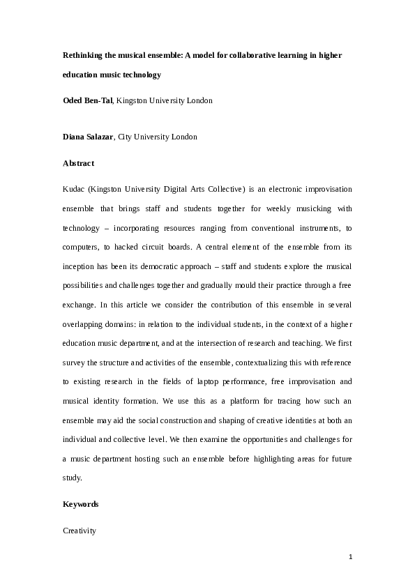 Rethinking the musical ensemble: A model for collaborative learning in ...