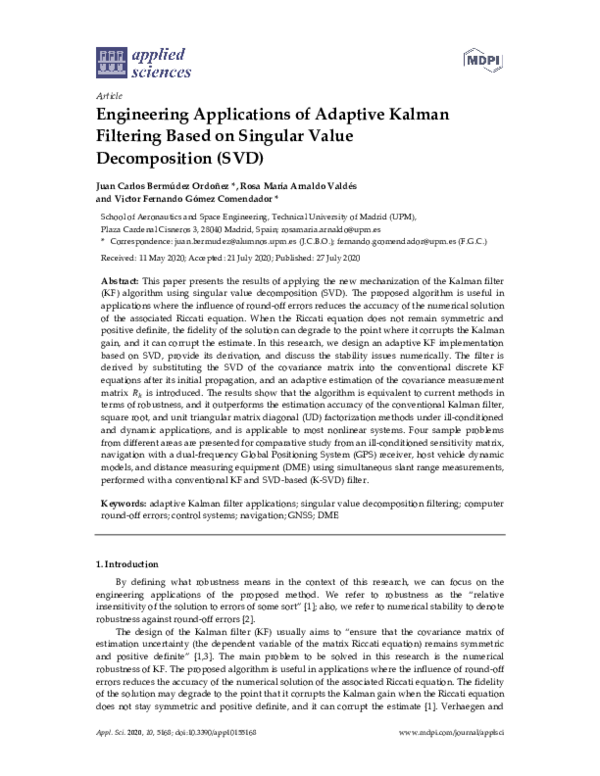Pdf Engineering Applications Of Adaptive Kalman Filtering Based On Singular Value