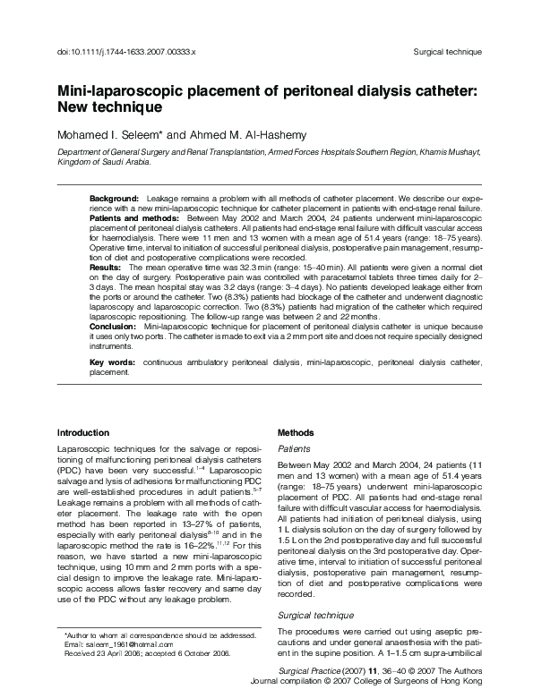 (PDF) Mini-laparoscopic placement of peritoneal dialysis catheter: New technique