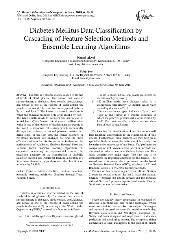 (PDF) Diabetes Mellitus Data Classification by Cascading of Feature ...