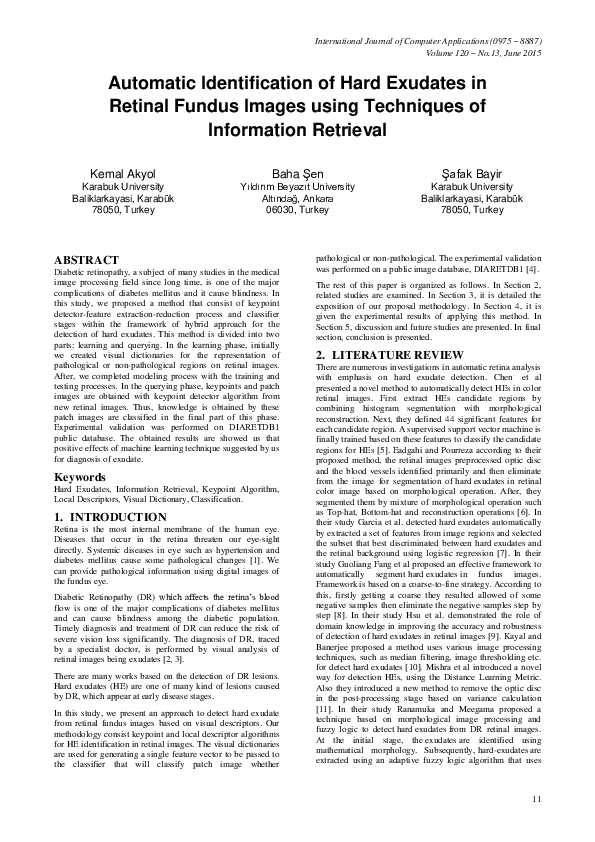 Pdf Automatic Identification Of Hard Exudates In Retinal Fundus