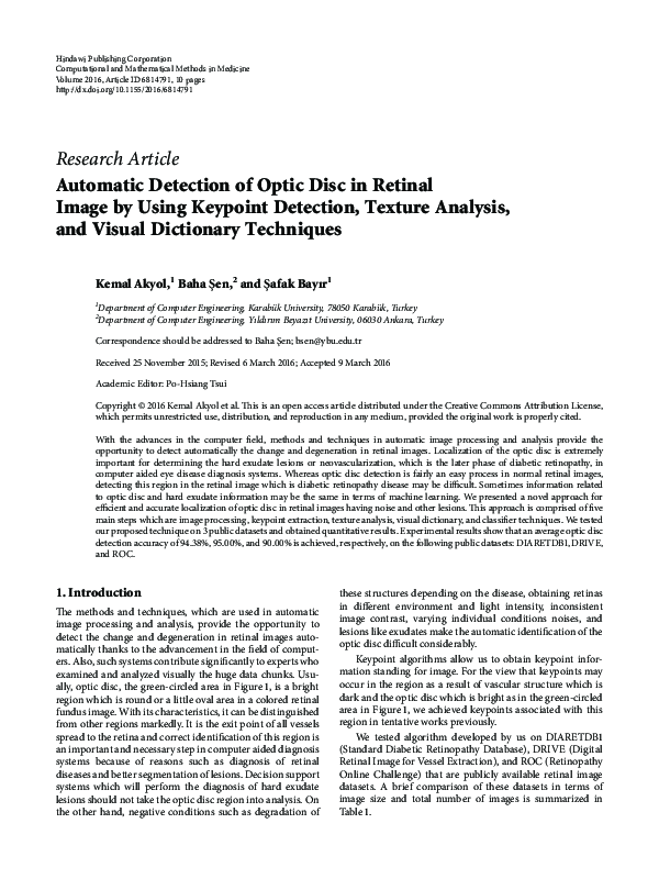 Pdf Automatic Detection Of Optic Disc In Retinal Image By Using Keypoint Detection Texture