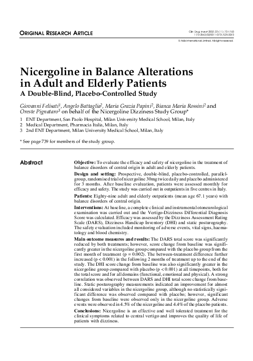 (PDF) Nicergoline in Balance Alterations in Adult and Elderly Patients