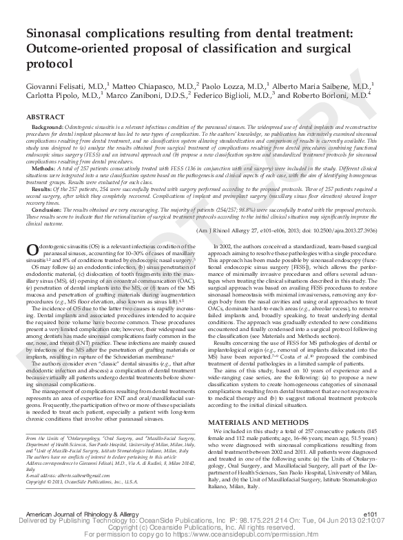 (PDF) Sinonasal complications resulting from dental treatment: Outcome ...
