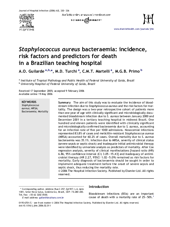 (PDF) Staphylococcus aureus bacteraemia: incidence, risk factors and predictors for death in a ...