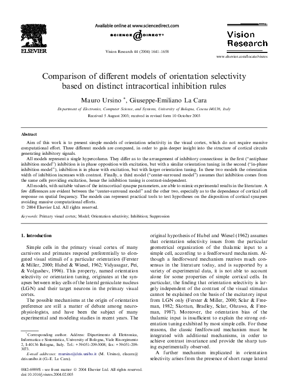 (PDF) Comparison of different models of orientation selectivity based on distinct intracortical ...
