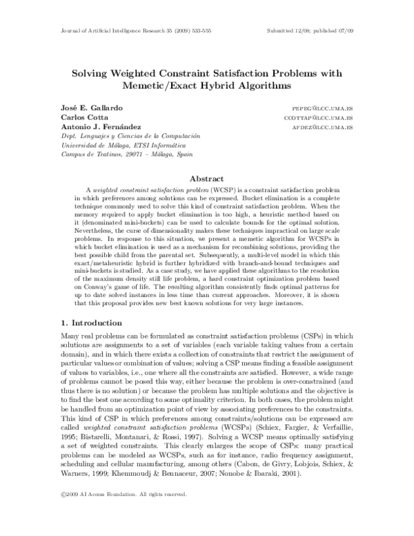 Pdf Solving Weighted Constraint Satisfaction Problems With Memeticexact Hybrid Algorithms