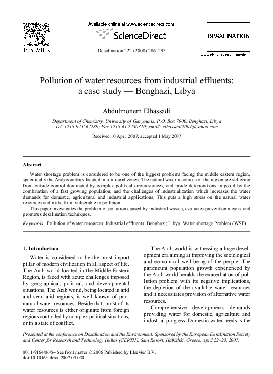 (PDF) Pollution of water resources from industrial effluents: a case ...
