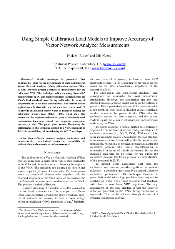 Pdf Using Simple Calibration Load Models To Improve Accuracy Of Vector Network Analyzer