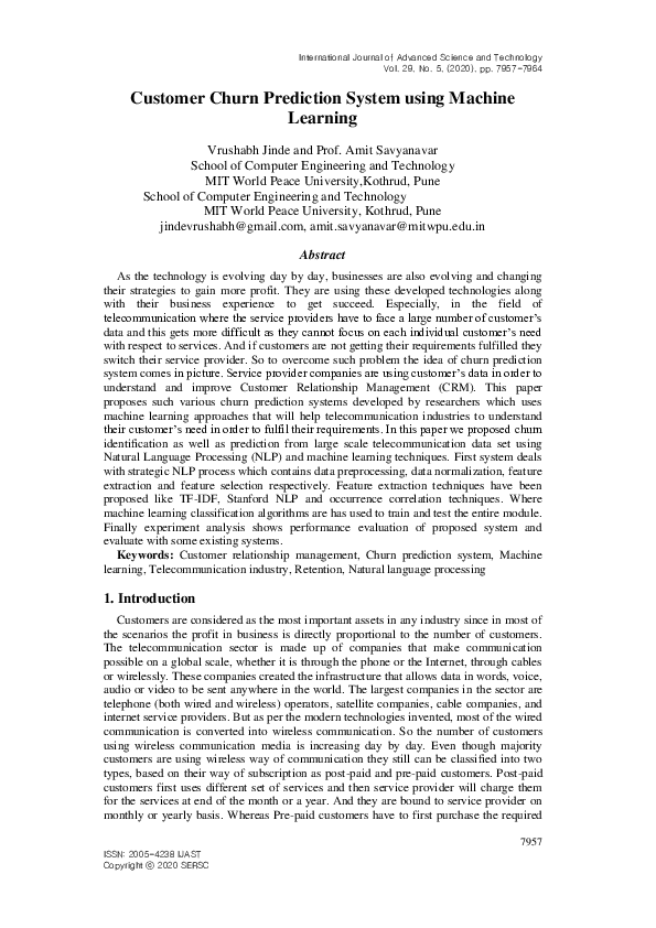 (PDF) Customer Churn Prediction System using Machine Learning