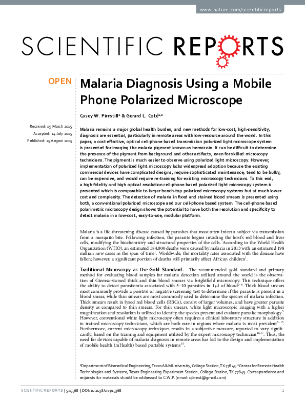 (PDF) Malaria Diagnosis Using a Mobile Phone Polarized Microscope