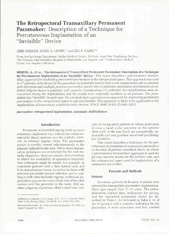 (PDF) The Retropectoral Transaxillary Permanent Pacemaker: Description ...