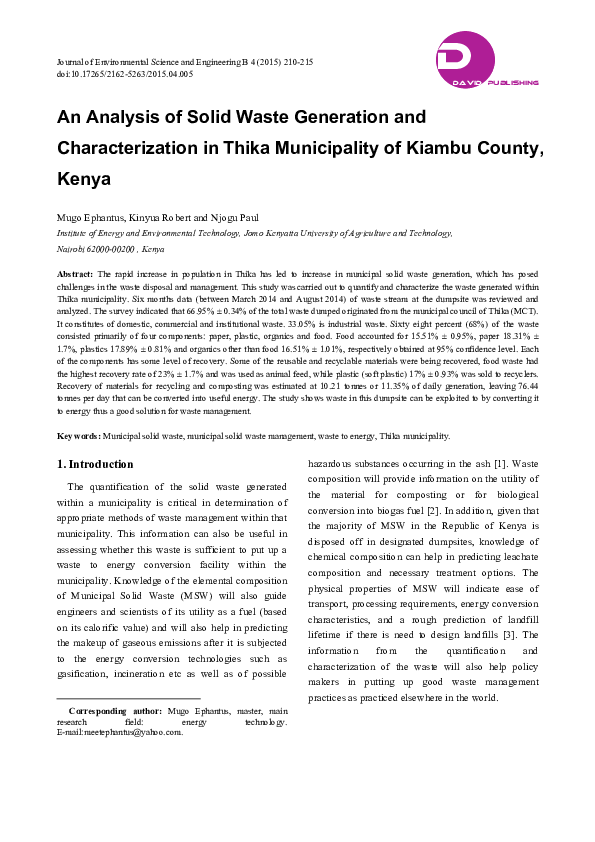 (PDF) An Analysis of Solid Waste Generation and Characterization in ...