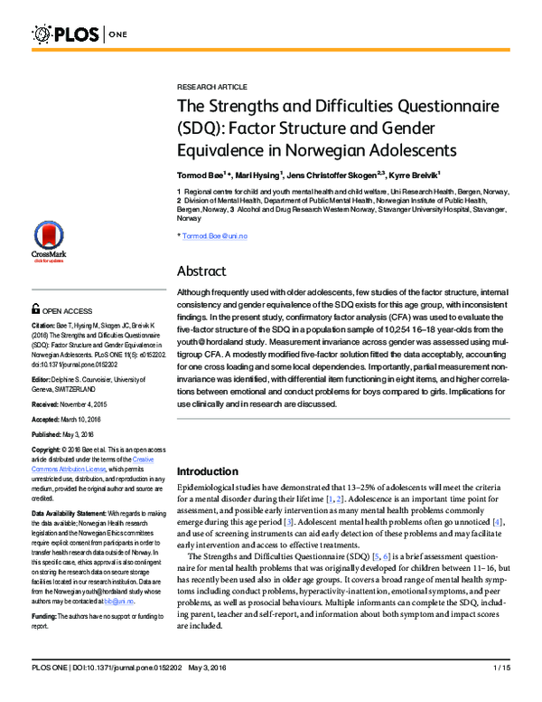(PDF) The Strengths and Difficulties Questionnaire (SDQ) – Self‐Report ...