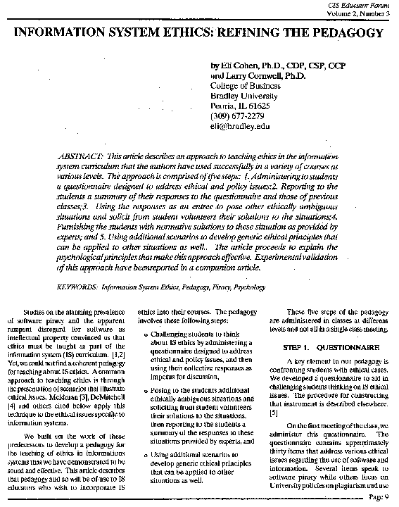 (PDF) Information system ethics: Refining the pedagogy