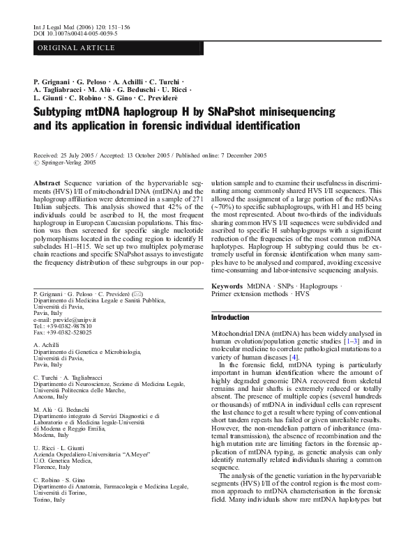 (PDF) Subtyping mtDNA haplogroup H by SNaPshot minisequencing and its application in forensic ...