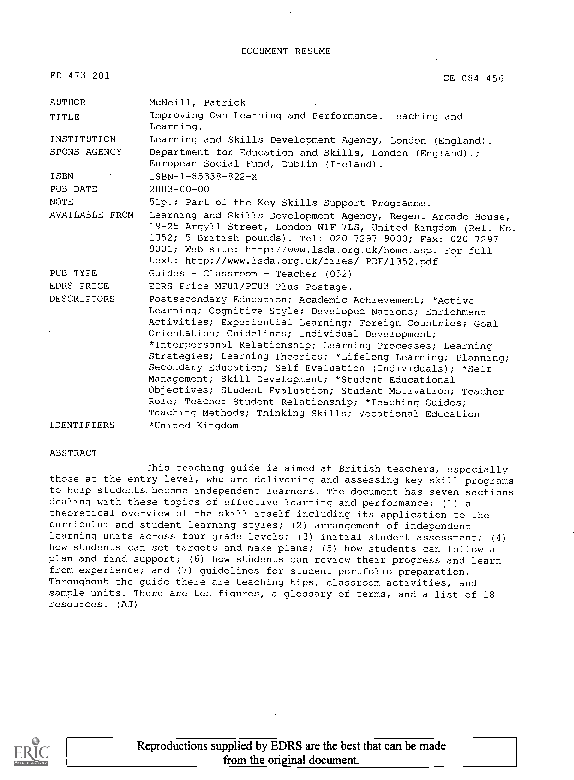 (PDF) Improving Own Learning and Performance. Teaching and Learning