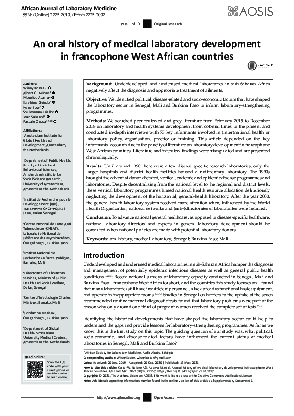 (PDF) An oral history of medical laboratory development in francophone ...