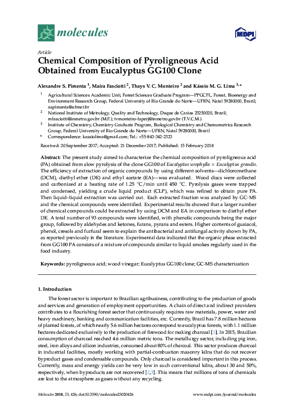 (PDF) Chemical Composition of Pyroligneous Acid Obtained from Eucalyptus GG100 Clone