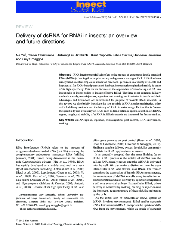 (PDF) Delivery of dsRNA for RNAi in insects: an overview and future ...