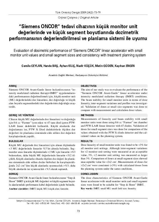(PDF) Evaluation of dosimetric performance of Siemens ONCOR linear accelerator with small