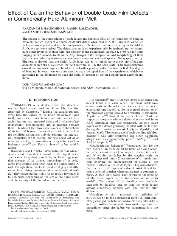 Effect of Ca on the Behavior of Double Oxide Film Defects in ...