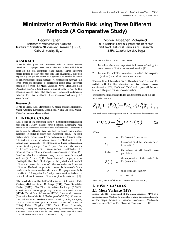 (PDF) Minimization of Portfolio Risk using Three Different Methods (A ...