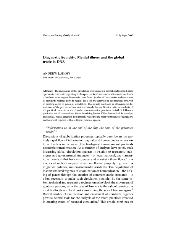 (PDF) Diagnostic liquidity: Mental illness and the global trade in DNA ...