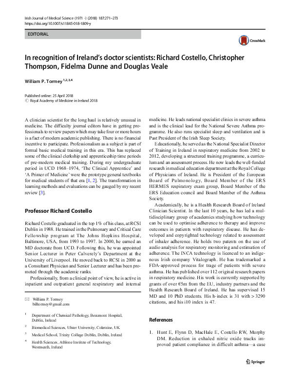 (PDF) In recognition of Ireland's doctor scientists: Richard Costello ...