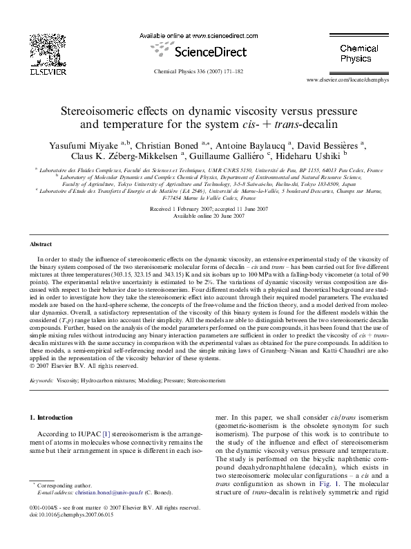 (PDF) Stereoisomeric effects on dynamic viscosity versus pressure and ...