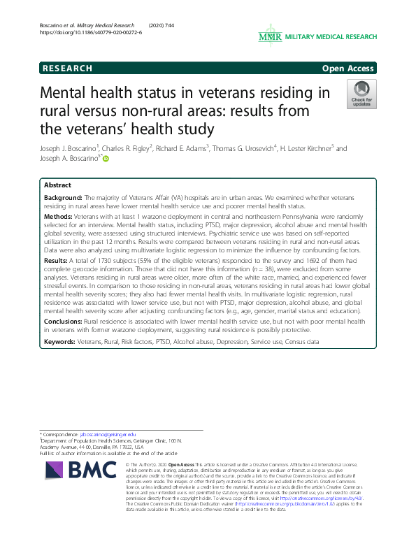 (PDF) Mental health status in veterans residing in rural versus non ...