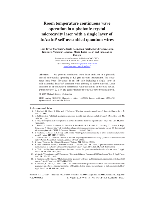 (PDF) Room temperature continuous wave operation in a photonic crystal microcavity laser with a ...