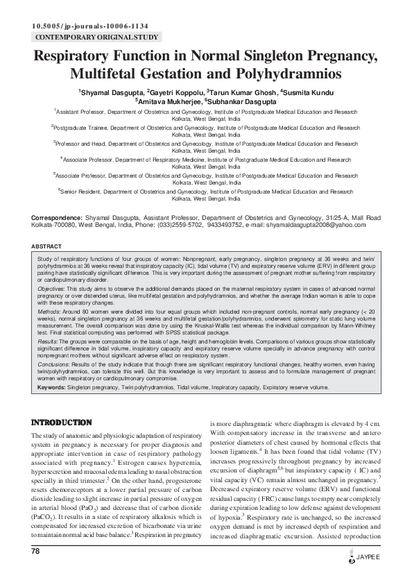 (PDF) Respiratory Function in Normal Singleton Pregnancy, Multifetal ...