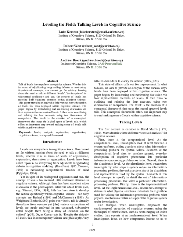 (PDF) Leveling the Field: Talking Levels in Cognitive Science
