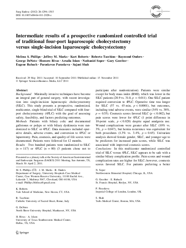 (PDF) Intermediate results of a prospective randomized controlled trial of traditional four-port ...
