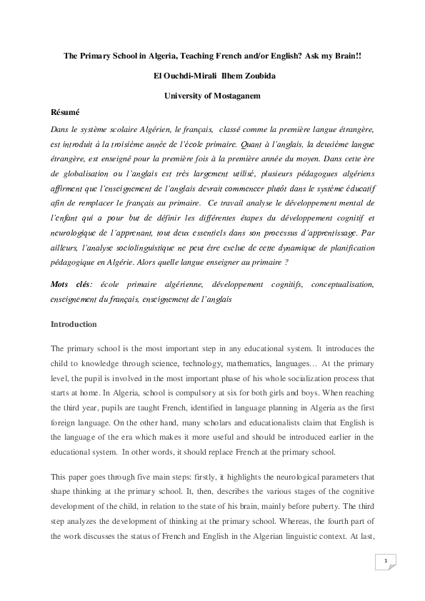 (PDF) The Primary School in Algeria, Teaching French and/or English ...